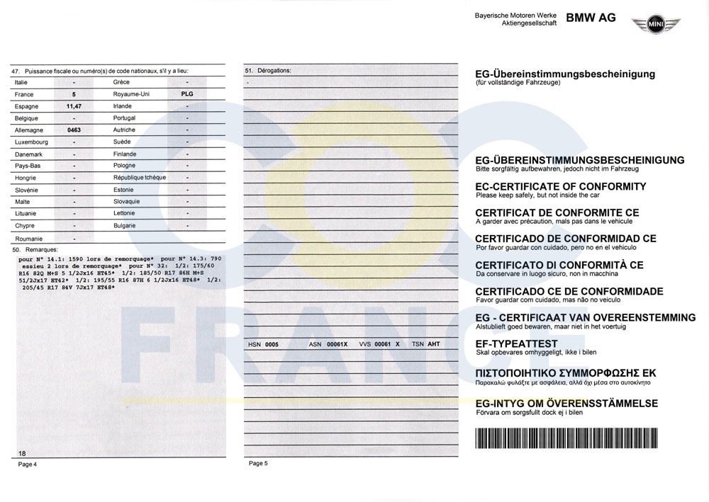 Certificat de conformité Mini Cooper |COC Mini Cooper