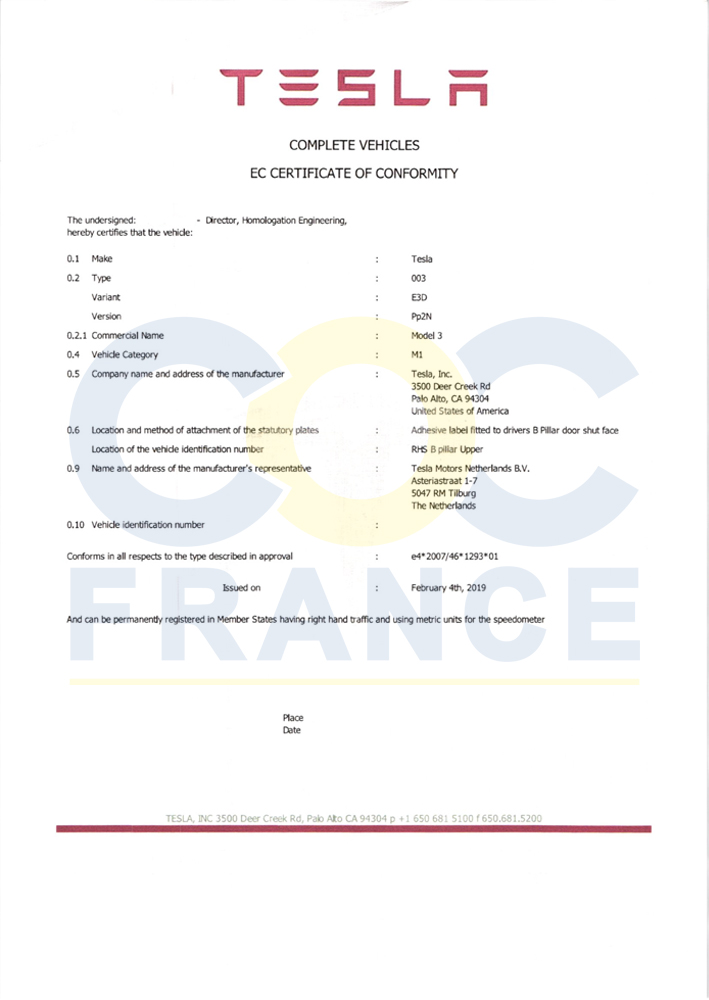 Certificat conformité Européen pour véhicule particulier