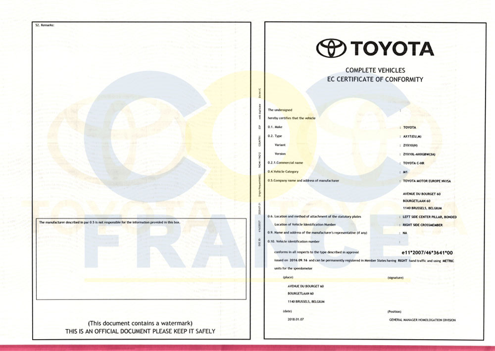 Certificat de conformité Toyota |COC Toyota