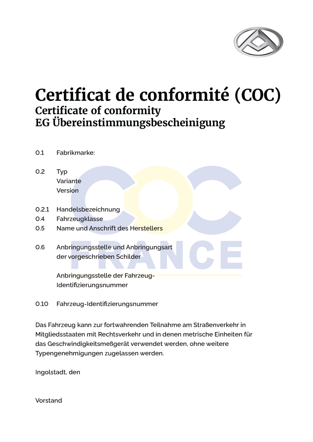 Certificat de conformité Volvo |COC Volvo