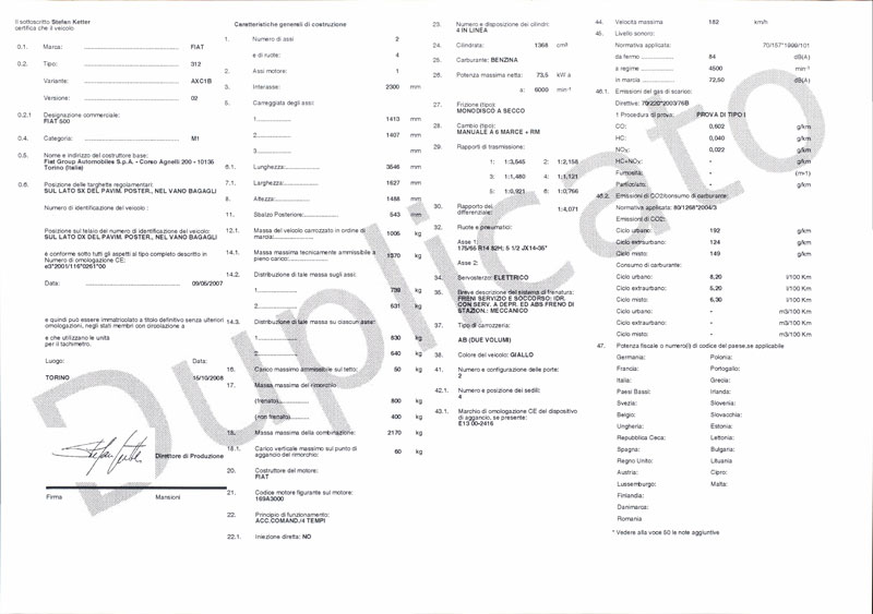 Die EWG – Übereinstimmungsbescheinigung (COC) Fiat - EuroCOC