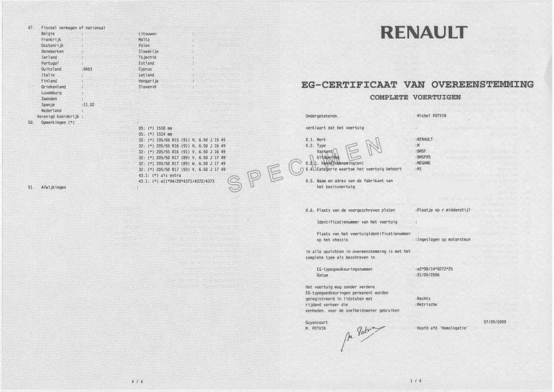 Certificate of conformity (COC) Renault - EuroCOC